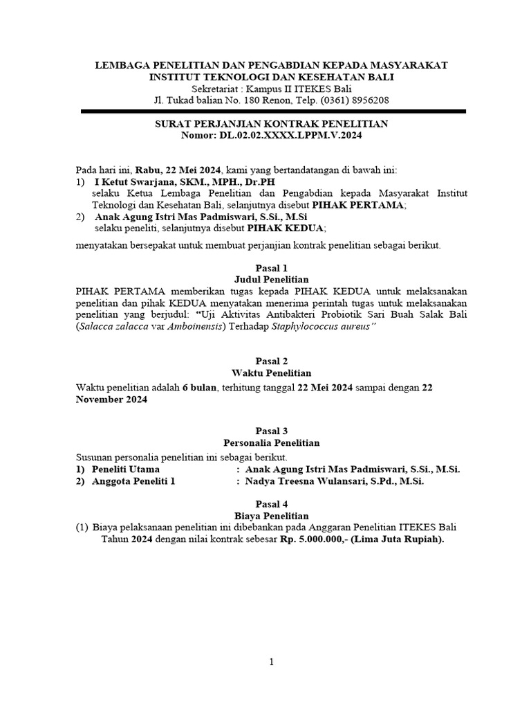 Template Kontrak Hibah Internal Penelitian Tahun 2024 | PDF