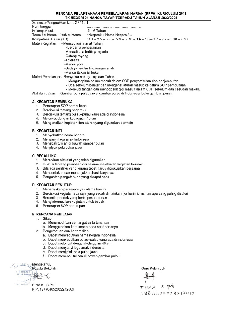 RPPH TK Tema Negaraku Usia 5-6 Tahun | PDF