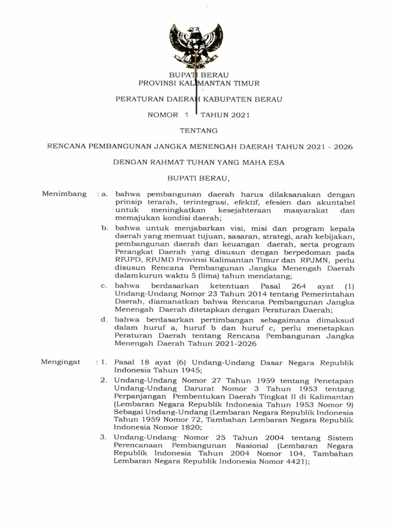 Perda Nomor 1 Tahun 2021 Tentang Rencana Pembangunan Jangka Menengah ...