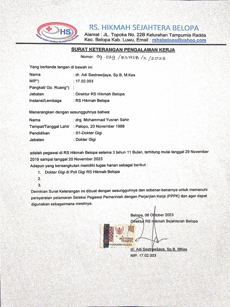 Surat Keterangan Pengalaman Kerja Yusran | PDF