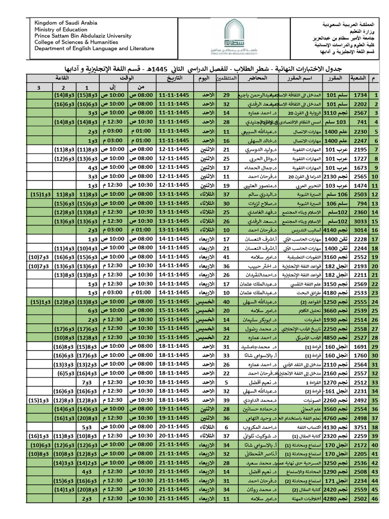 Final Exam Schedule - Term 2 - 1445 - Student Version | PDF