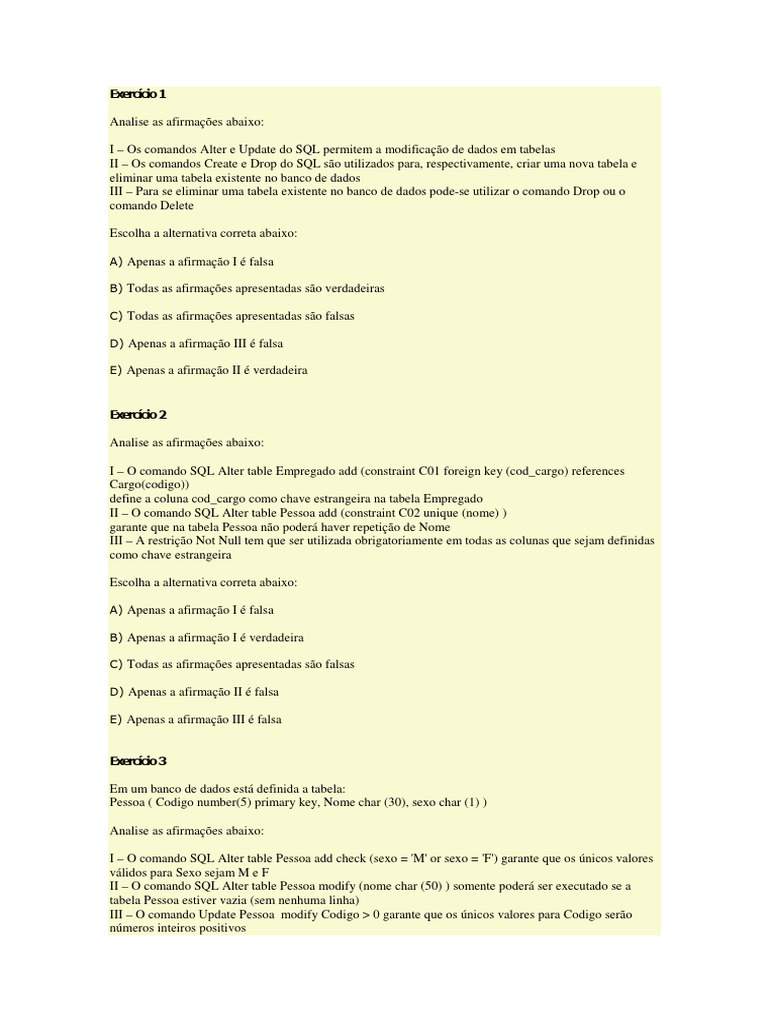 02 - Exercício Aula 02 Banco de Dados II | PDF | SQL | Tabela (banco de dados)