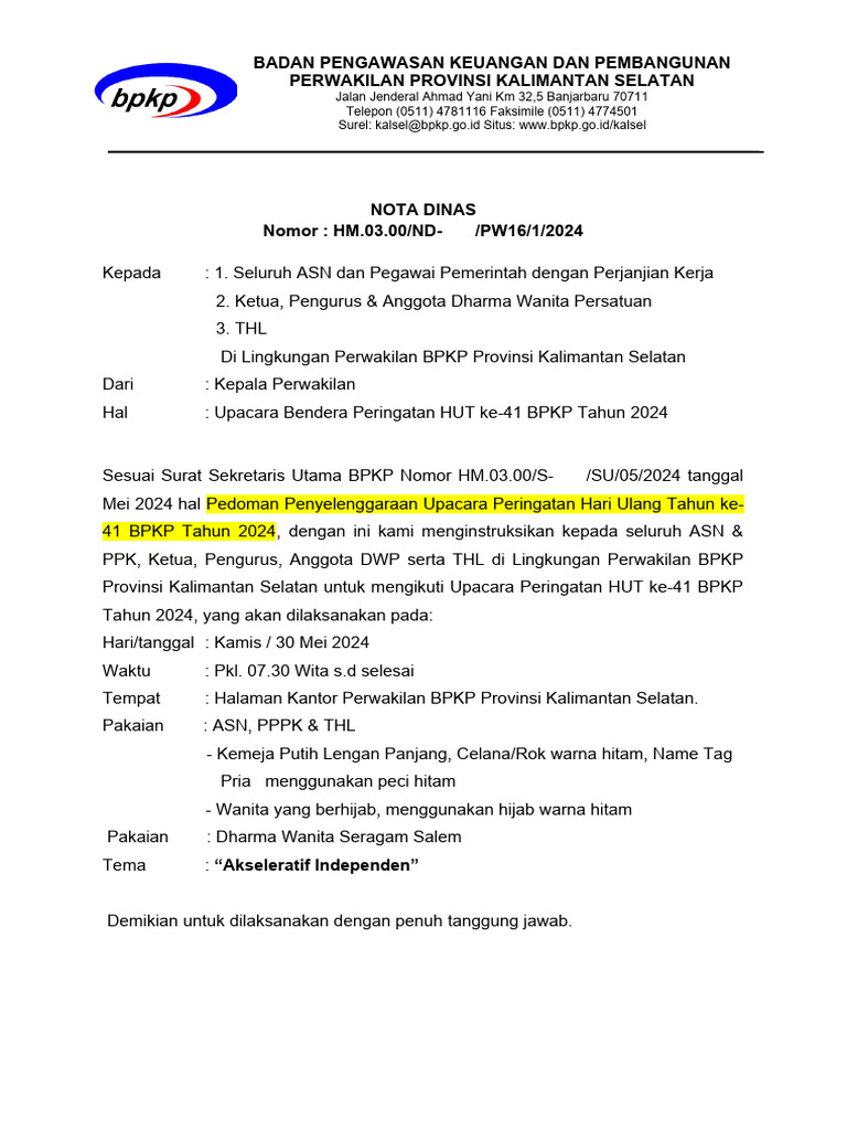 UPACARA BENDERA PERINGATAN HUT KE-41 BPKP TAHUN 2024 30 Mei 2024 | PDF