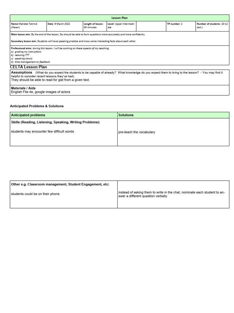 Upper Intermediate ESL Lesson Plan | PDF | Lesson Plan | Teaching