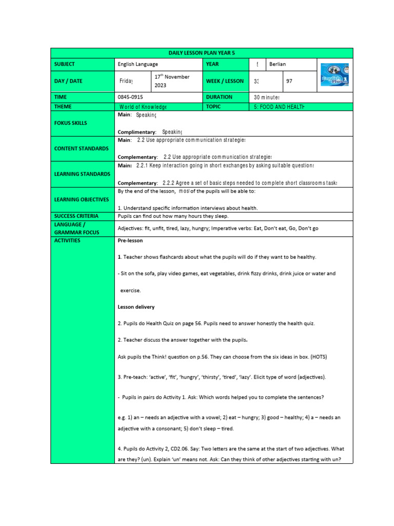 Daily Lesson Plan Year 5 | Download Free PDF | Lesson Plan | Communication