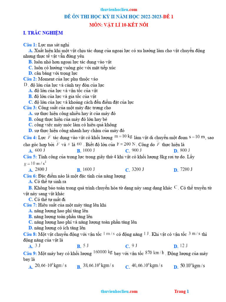 Bo de Thi HK2 Vat Li 10 Ket Noi Co Dap An | PDF