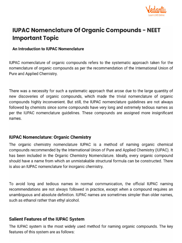 IUPAC Nomenclature of Organic Compounds - NEET Important Topic | PDF