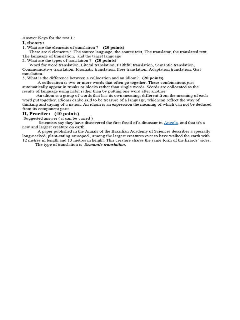 Translation Test 1 Answer Keys | PDF | Language Arts & Discipline