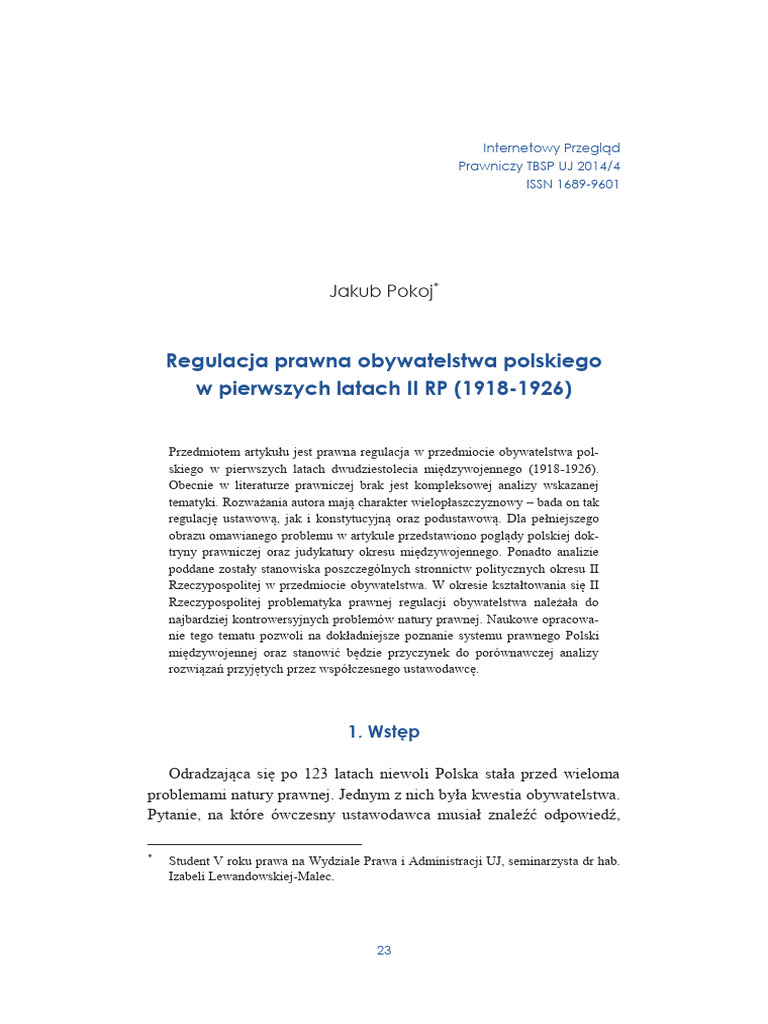 Regulacja Prawna Obywatelstwa Polskiego W Pierwszych Latach II RP | PDF