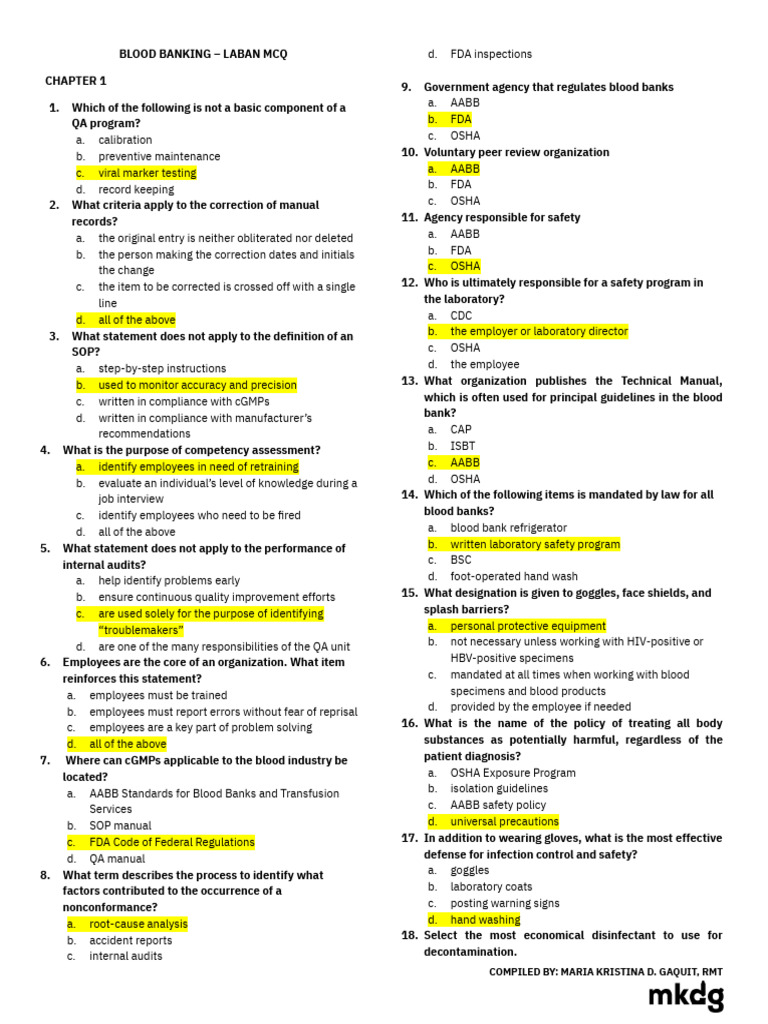 Blood Banking QA and SOP MCQs | PDF | Blood Type | Tissue (Biology)