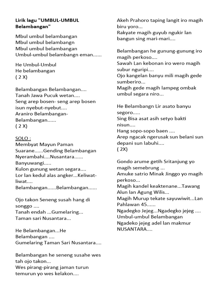 Lirik Lagu Umbul-Umbul Belambangan | PDF | Puisi