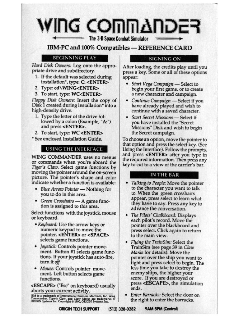 Wing Commander - Reference Card | PDF