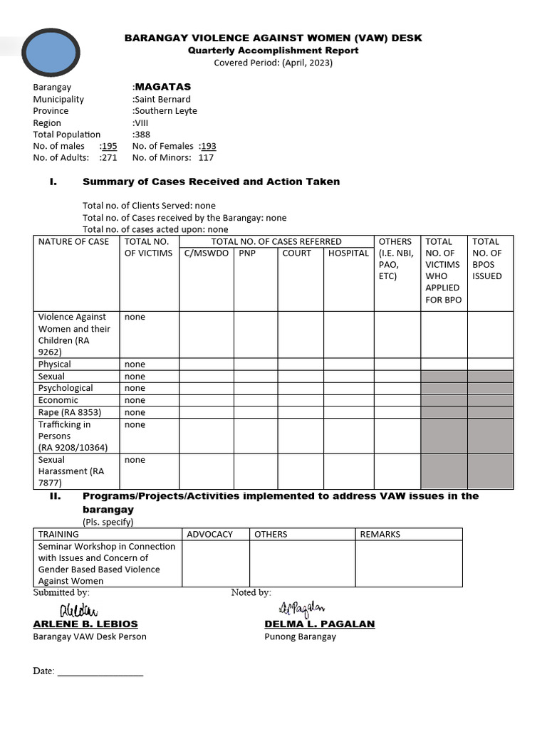 Magatas Barangay VAW Desk Report April 2023 | PDF