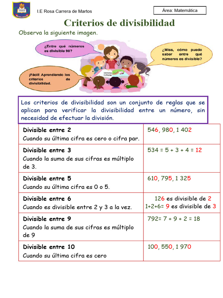 Hoja De Trabajo Práctica De Reglas De Divisibilidad Ficha Criterio De