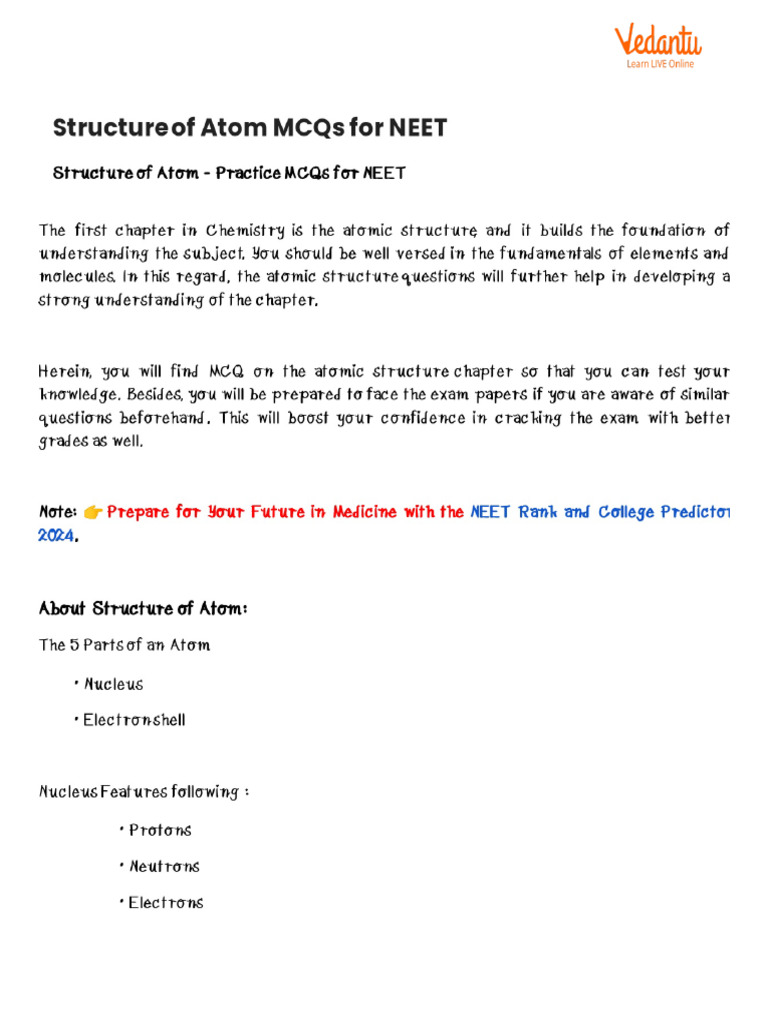 Structure of Atom MCQs For NEET | PDF