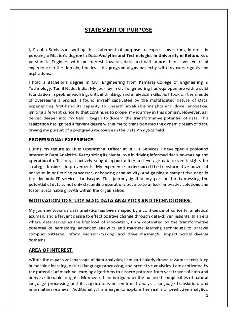 STATEMENT OF PURPOSE - Prabha Srinivasan-University of Bolton | PDF ...