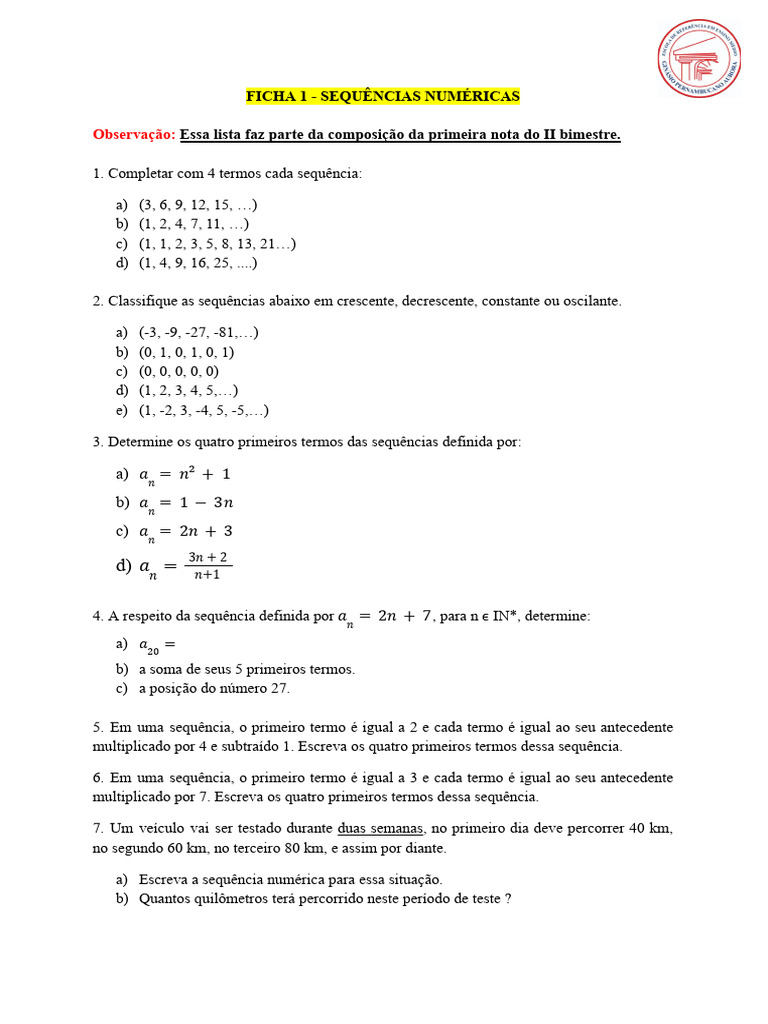 Ficha 1 - Sequências Numéricas | PDF | Sequência