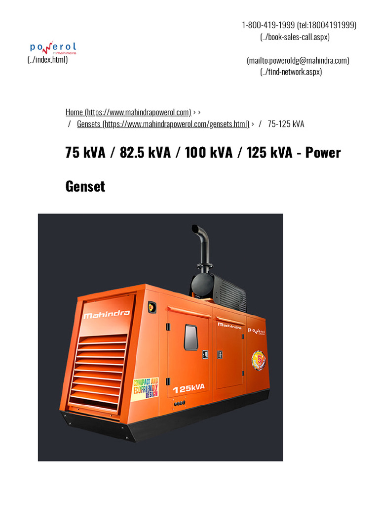 Genset - 75 KVA To 125 KVA Diesel & Gas Gensets - Mahindra Powerol | PDF | Engines | Electric Power