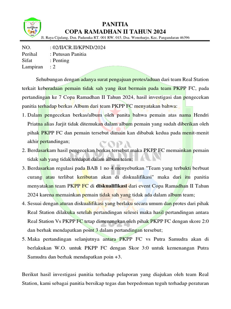 Surat Putusan Panitia - Tentang Hasil Surat Pengajuan Protes Real ...