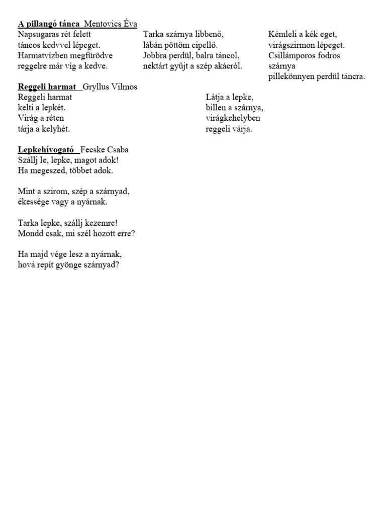 Pillangos Lepkes Mesek Versek | PDF