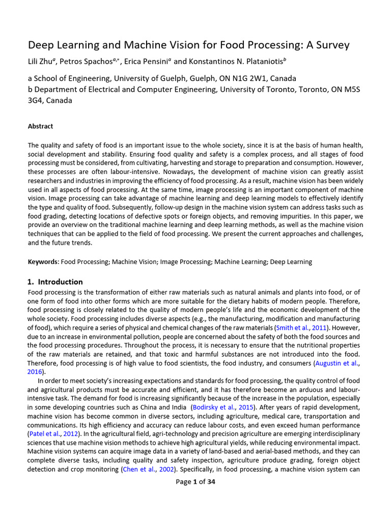 Deep Learning and Machine Vision for Food Processing: A Survey | PDF | Machine Learning ...