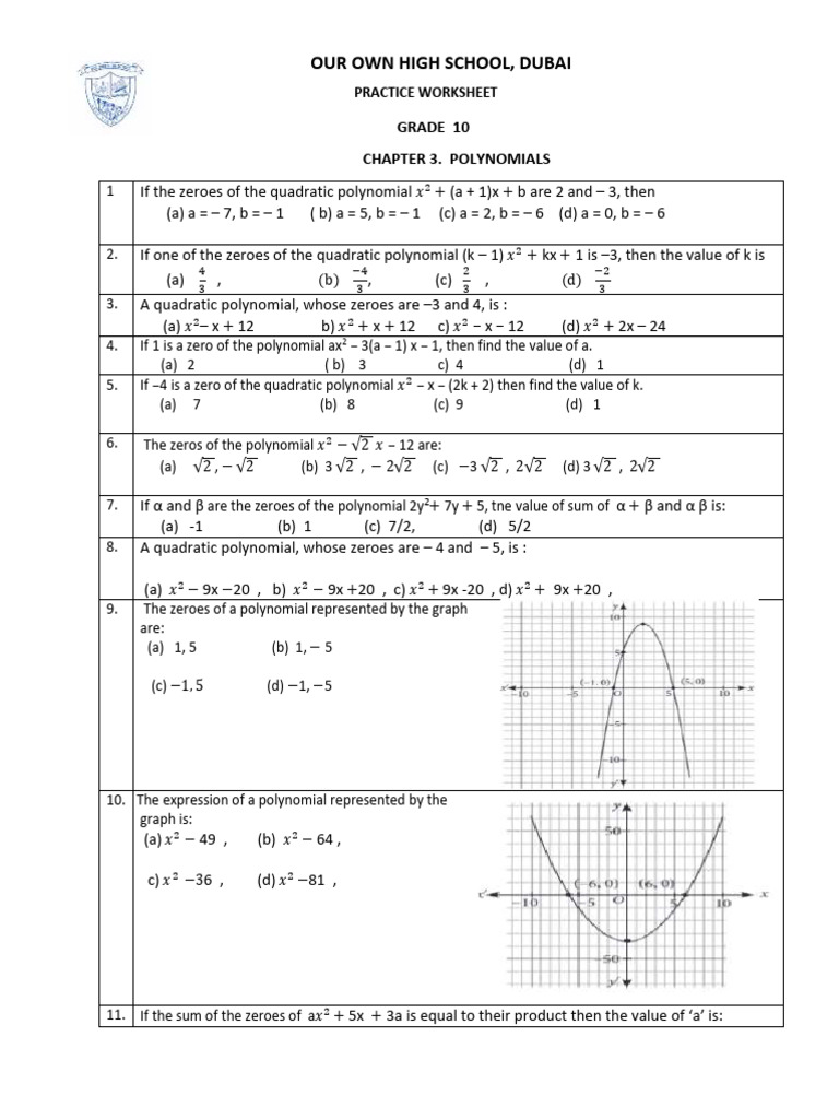 Chapter Wise Work Sheet - Polynomials | Download Free PDF | Zero Of A Function | Polynomial