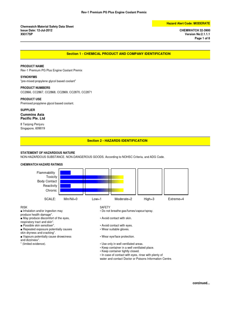 Coolant - PG Plus Premix | PDF | Waste Management | Dangerous Goods