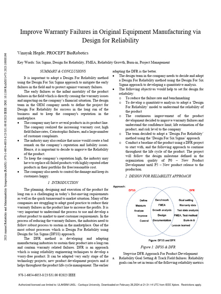 Improve Warranty Failures in Original Equipment Manufacturing via Design for Reliability | PDF ...