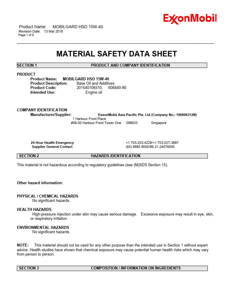 Mobil Mobilgard HSD 15W-40 | PDF | Personal Protective Equipment | Hygiene