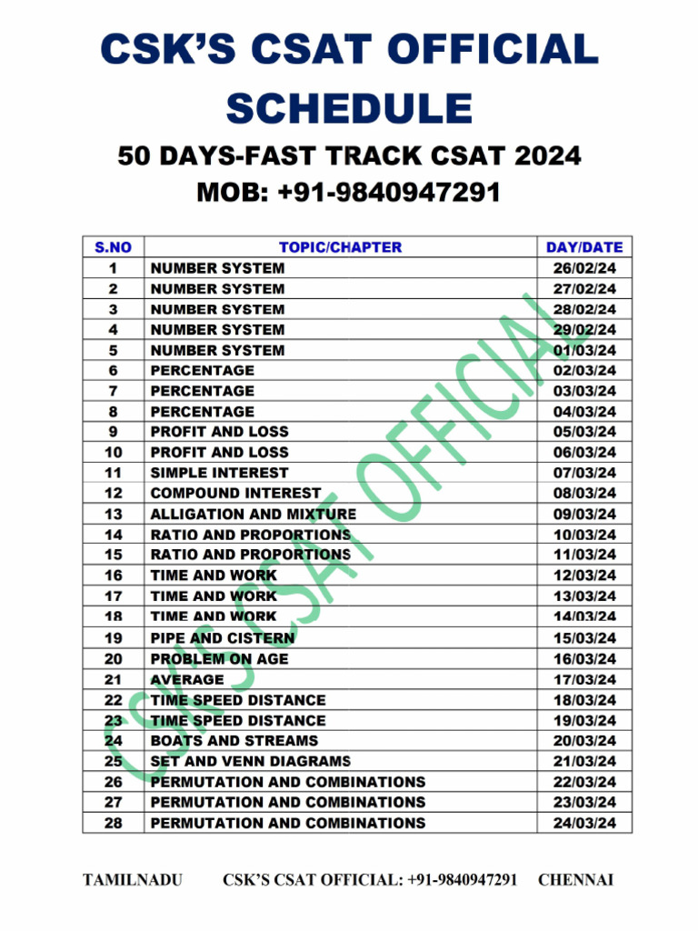 50 Days Fast Track Csat 2024 Schedule | PDF