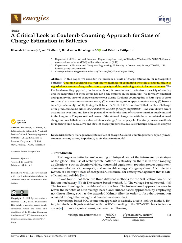 Coulomb Counting Approach For State Of Charge Estimation Pdf Kalman Filter Estimation Theory