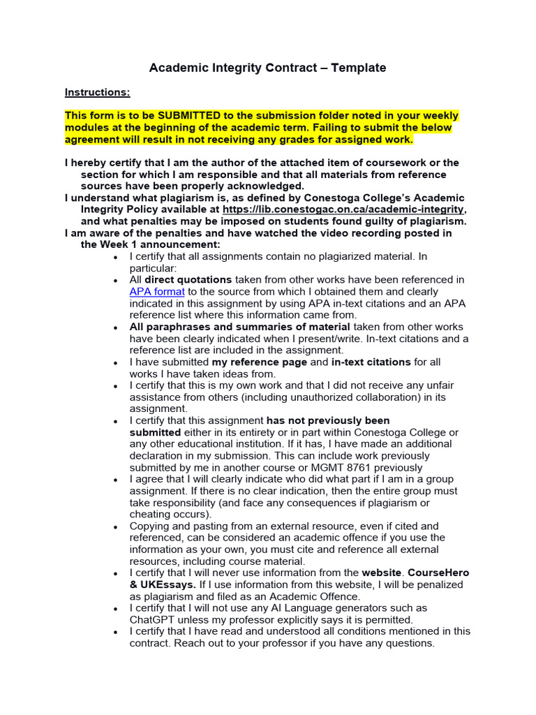 Academic Integrity Contract - Template: APA Format | PDF | Plagiarism ...