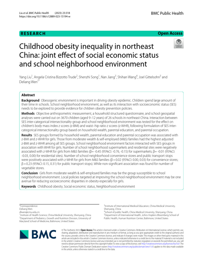 Childhood Obesity Inequality in Northeast China: Joint Effect of Social ...