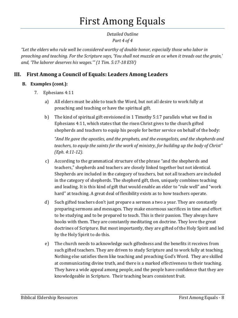 First Among Equals 4 Doutline | PDF | Elder (Christianity) | Sermon