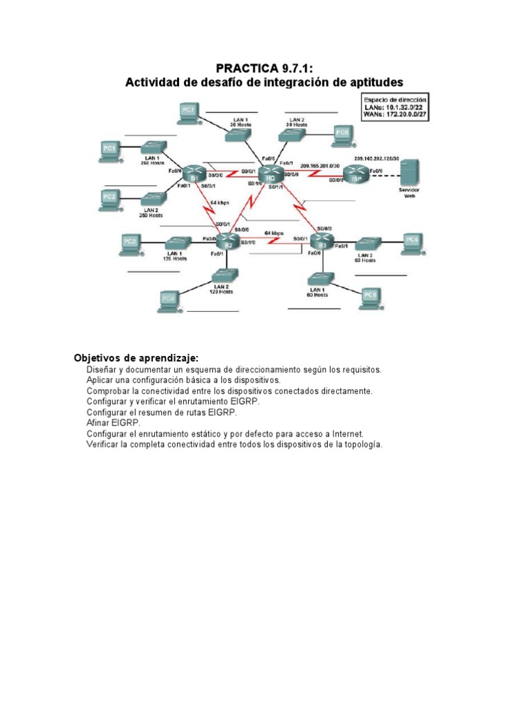 Configuración y prueba de un esquema de direccionamiento, enrutamiento EIGRP y conectividad en ...