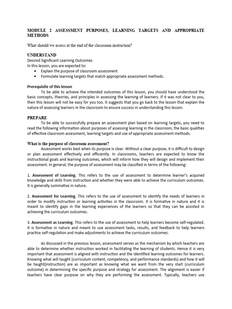 Module 2 Assessment Purposes | PDF | Educational Assessment | Learning