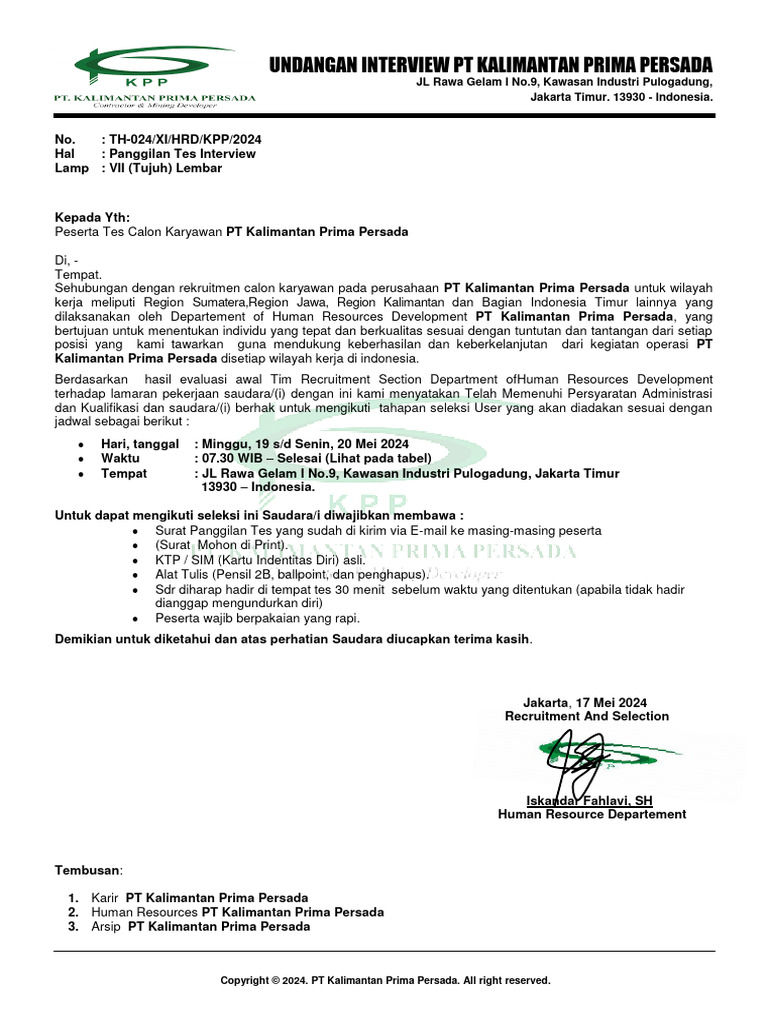 Undangan Tes Interview PT Kalimantan Prima Persada (KPP) - Jakarta | PDF