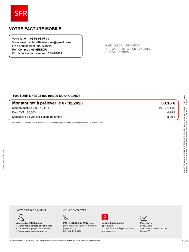 Facture SFR de Février 2023 - Détails et Montants | PDF | Taxe sur la ...