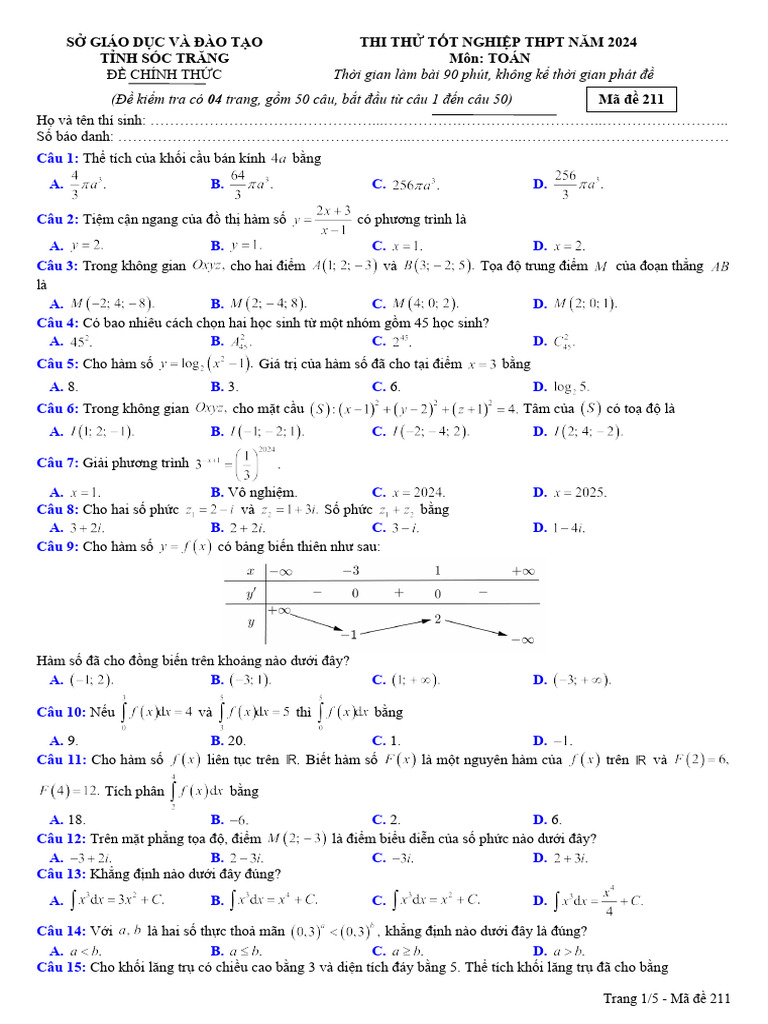 De Thi Thu Tot Nghiep THPT Nam 2024 Mon Toan So GDDT Soc Trang | PDF