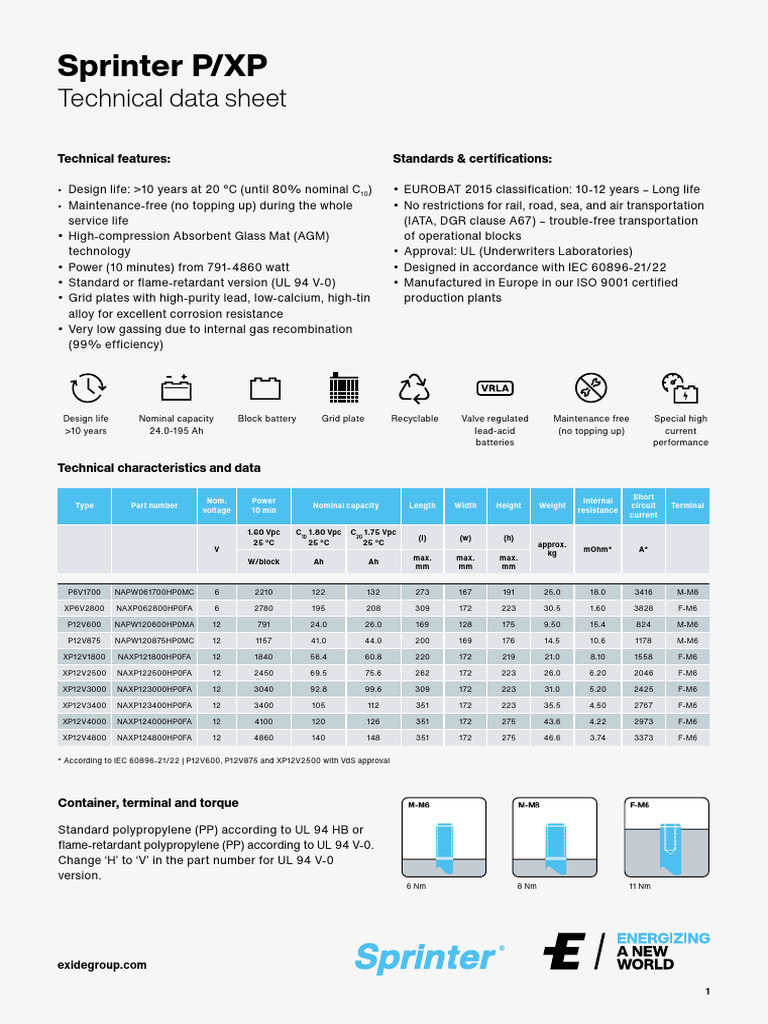 Exide Sprinter P-XP Data Sheet | Download Free PDF | Electricity | Galvanic Cells