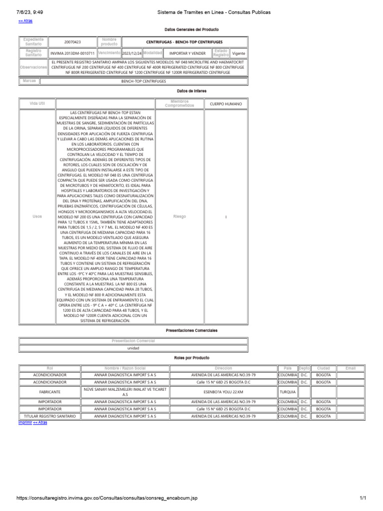 Registro Invima de Centrifuga Nuve nf200 | PDF