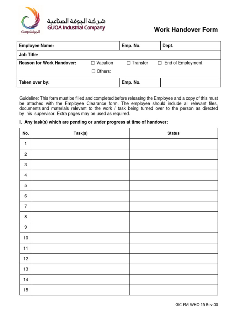 Work Handover Form Template | PDF