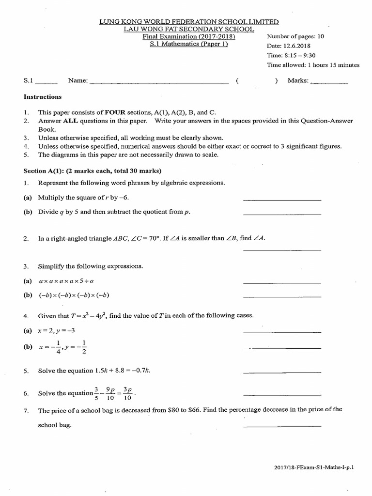 Final Exam (1718) S1-MATHS-p1-E | PDF