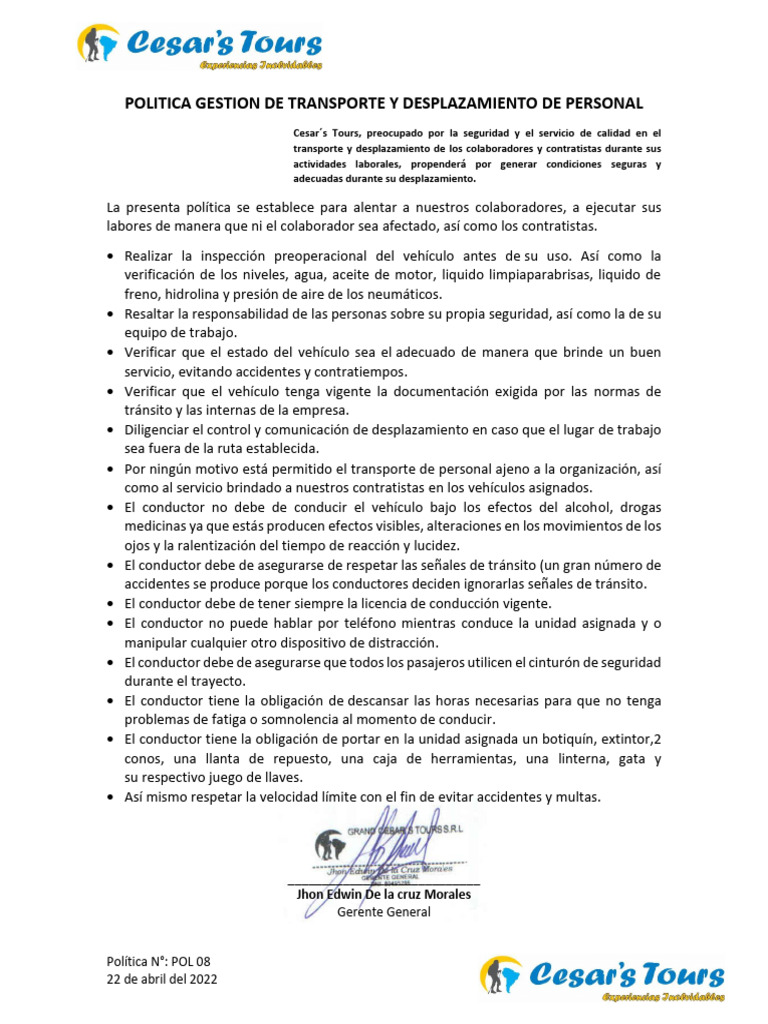 POL 08 GESTION DE TRANSPORTE Y DESPLAZAMIENTO DE PERSONAL | Descargar ...