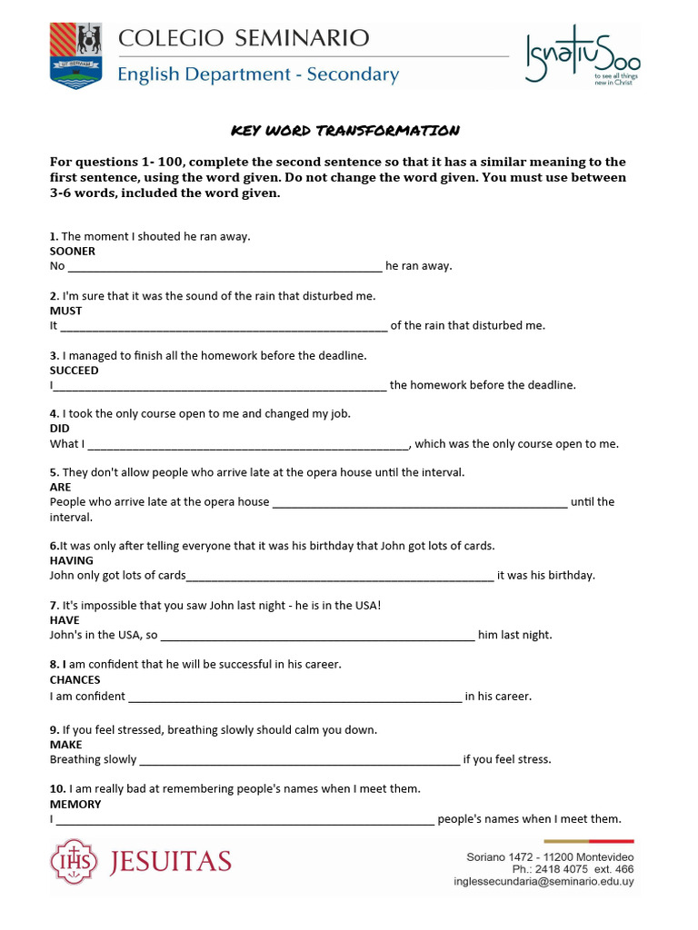 Key Word Transformation Exercises | PDF | Self-Improvement