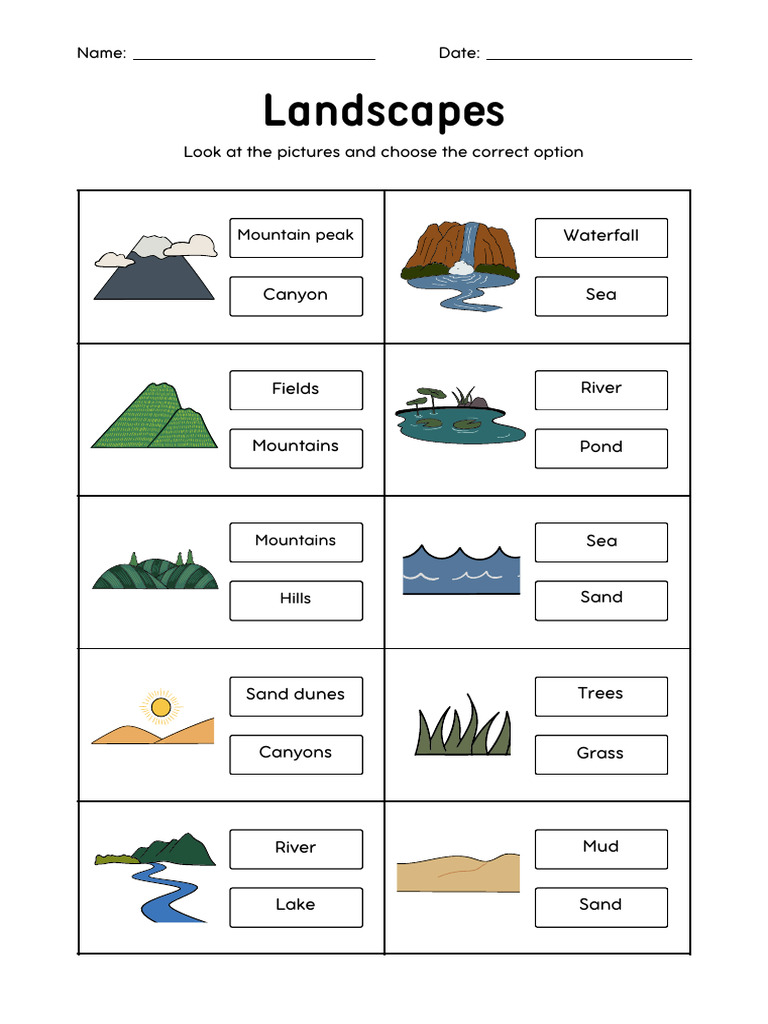 Colorful Illustrative Landscapes Vocabulary Worksheet | PDF