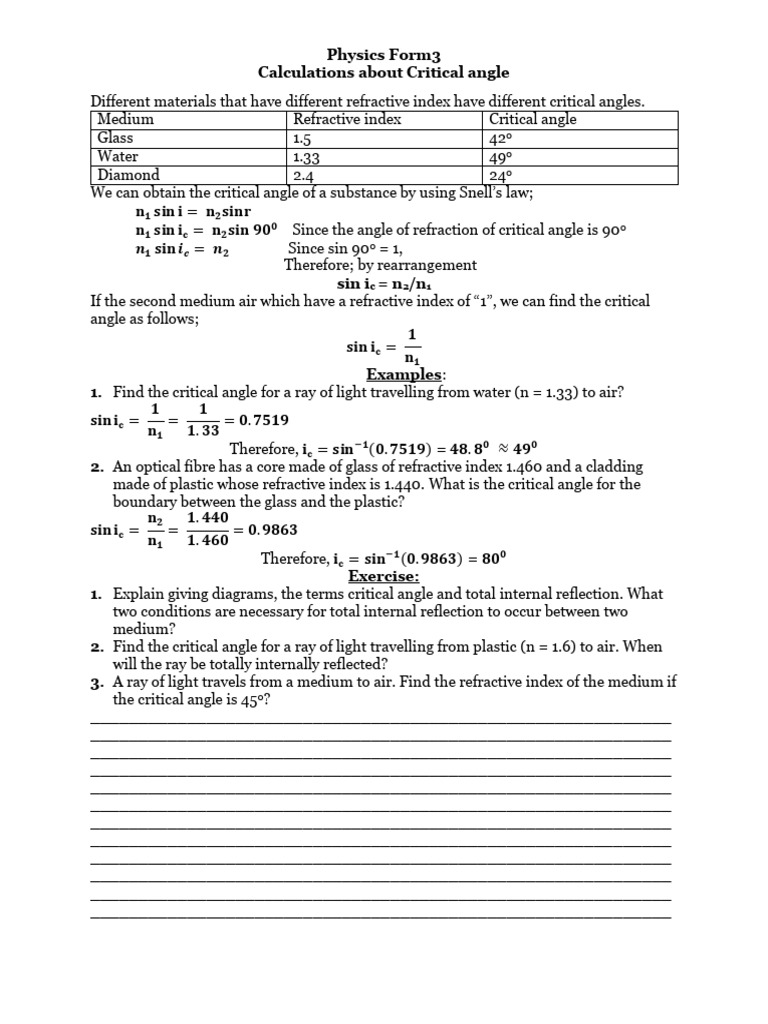 Critical Angle Calculations in Physics | PDF | Refraction | Refractive ...