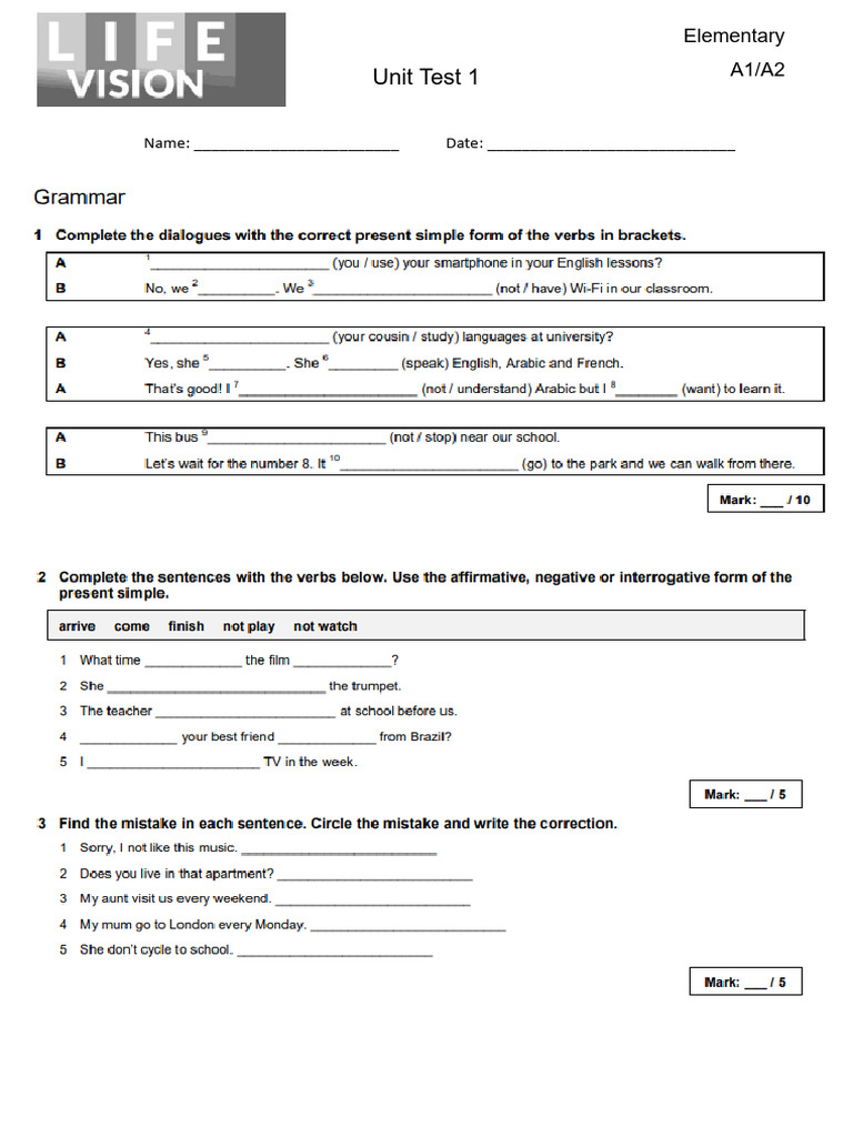 Life Vision Elementary - Unit Test 1 | PDF