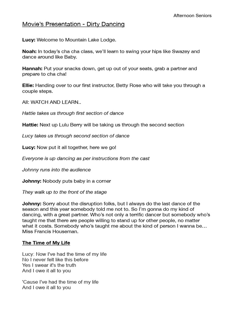 Dirty Dancing Concept Script and Lyrics | PDF | Language Arts & Discipline