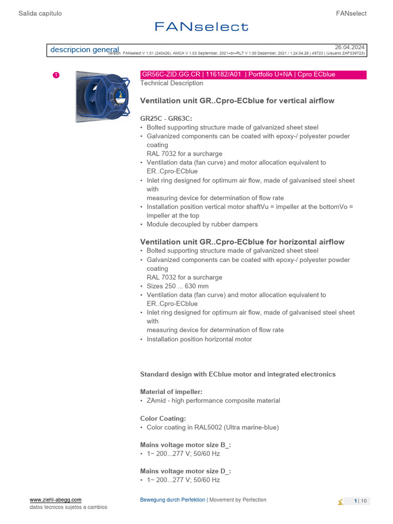 GR56C-ZID.GG.CR Ventilation Unit Specs | PDF | Mechanical Engineering